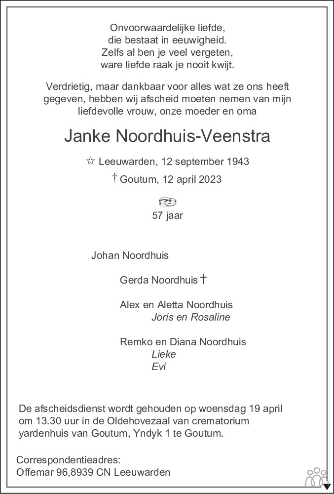 Janke Noordhuis-Veenstra 12-04-2023 overlijdensbericht en condoleances ...