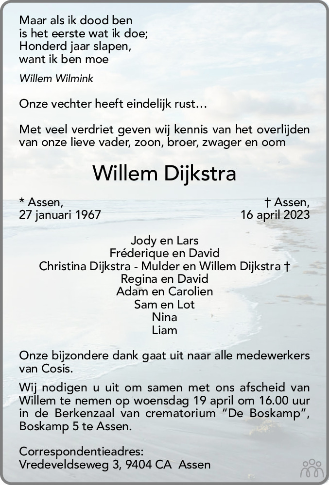 Willem Dijkstra 16-04-2023 overlijdensbericht en condoleances ...