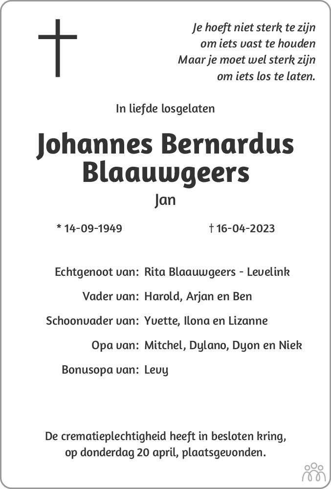 Johannes Bernardus (Jan) Blaauwgeers 16-04-2023 overlijdensbericht en condoleances - Mensenlinq.nl