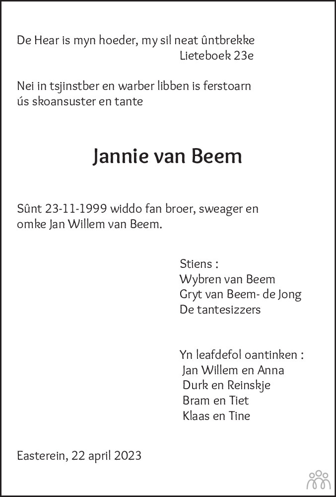 Jannie van Beem-Doorduin 22-04-2023 overlijdensbericht en condoleances ...