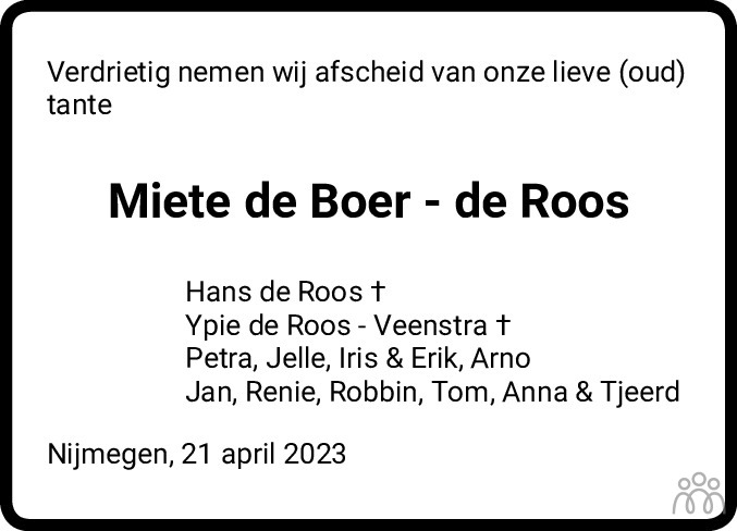Maria de Boer-de Roos 21-04-2023 overlijdensbericht en condoleances ...