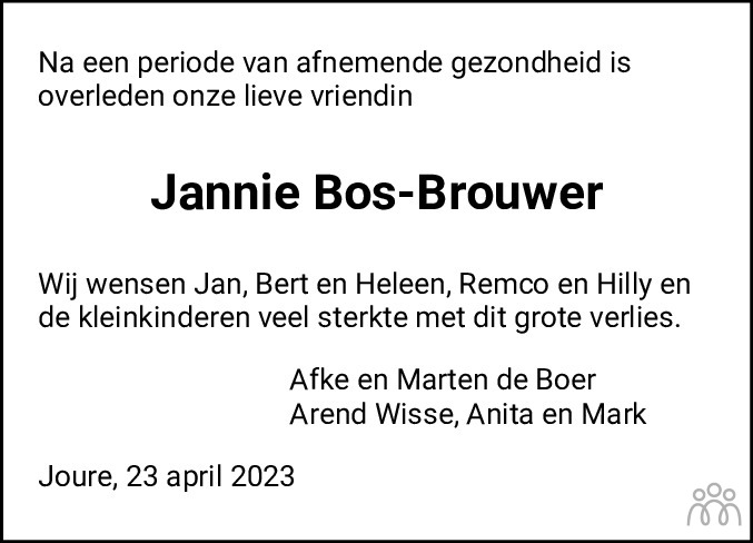 Jannie Bos-Brouwer 23-04-2023 overlijdensbericht en condoleances - Mensenlinq.nl