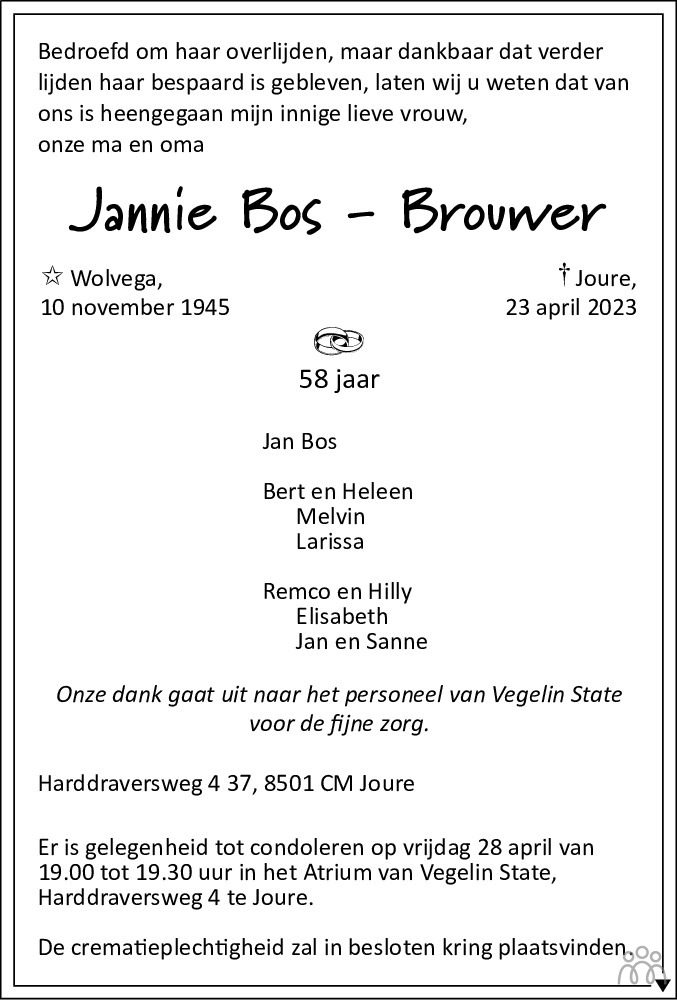 Jannie Bos-Brouwer 23-04-2023 overlijdensbericht en condoleances - Mensenlinq.nl