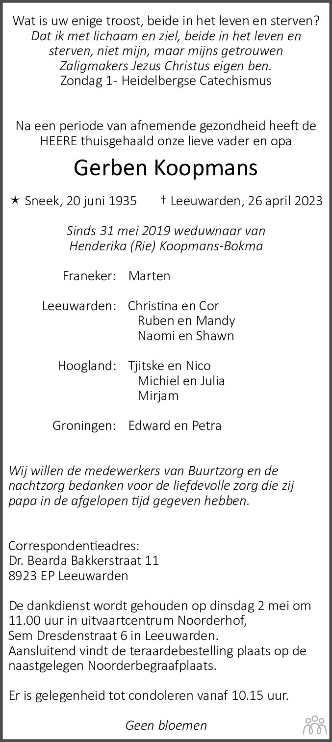 Gerben Koopmans 26-04-2023 overlijdensbericht en condoleances ...
