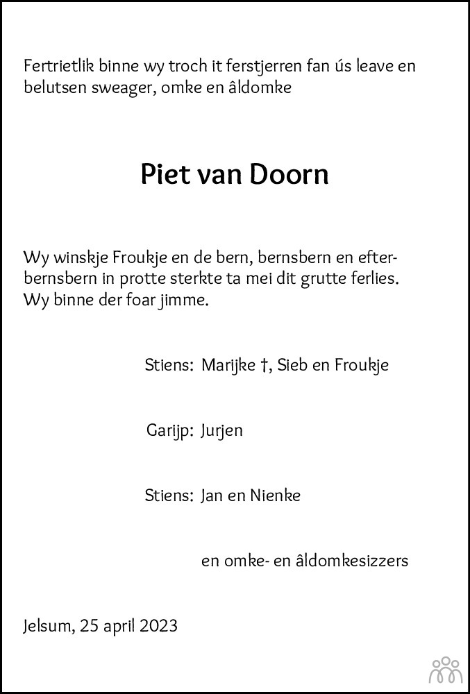Piet van Doorn 25-04-2023 overlijdensbericht en condoleances ...