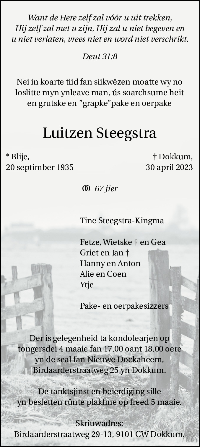 Luitzen Steegstra 30-04-2023 overlijdensbericht en condoleances ...