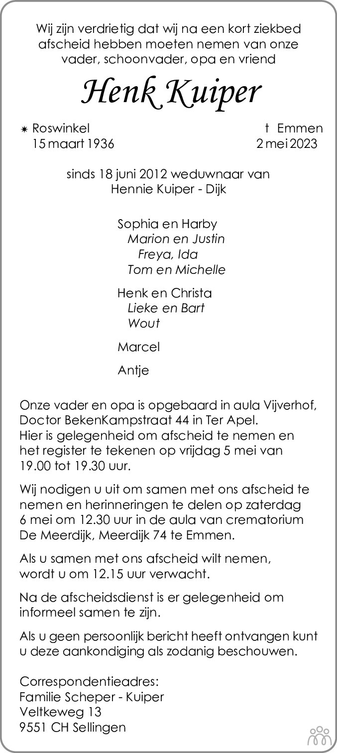 Henk Kuiper 02-05-2023 overlijdensbericht en condoleances - Mensenlinq.nl