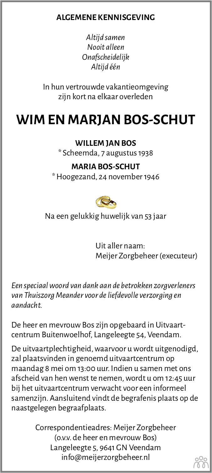 Wim en Marjan Bos-Schut 02-05-2023 overlijdensbericht en condoleances ...