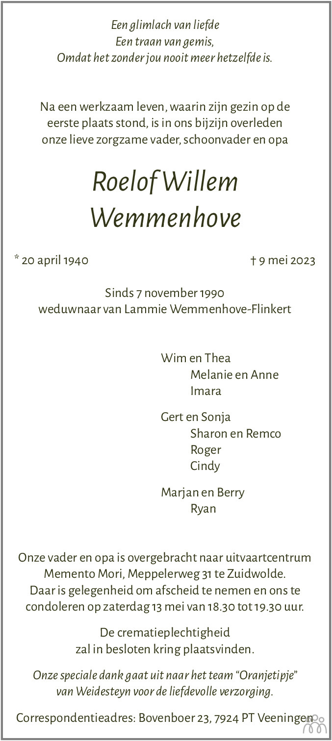 Roelof Willem Wemmenhove 09-05-2023 overlijdensbericht en condoleances - Mensenlinq.nl