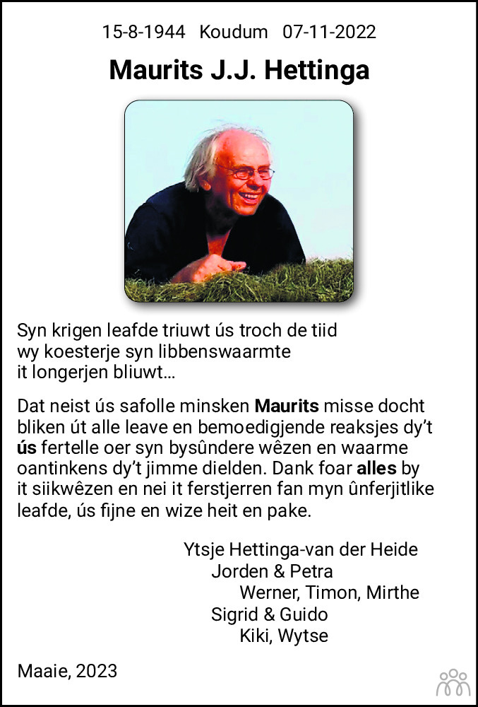 Maurits Jaring Jacobus Hettinga 07-11-2022 overlijdensbericht en ...
