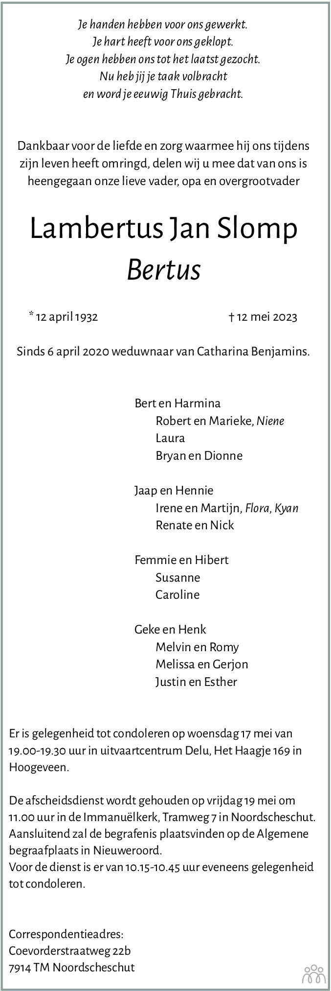 Lambertus Jan (Bertus) Slomp 12-05-2023 overlijdensbericht en ...