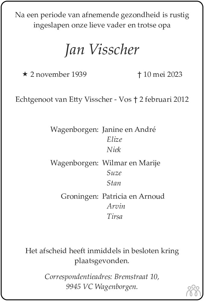 Jan Visscher 10-05-2023 overlijdensbericht en condoleances - Mensenlinq.nl