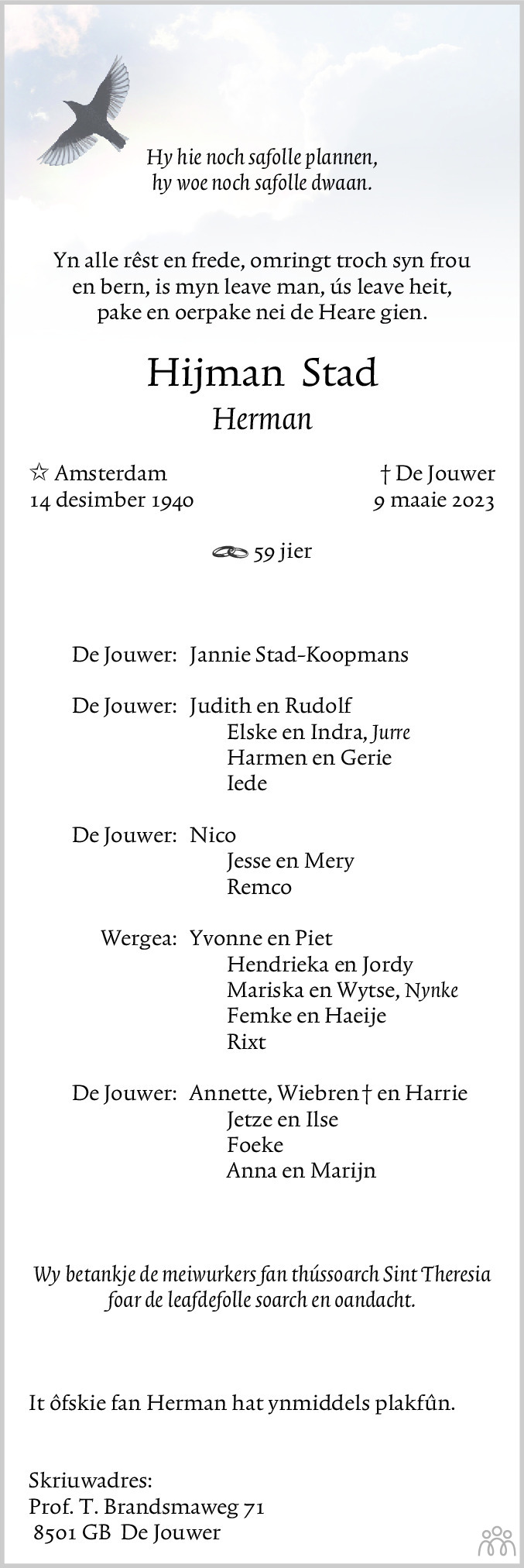 Hijman (Herman) Stad 09-05-2023 overlijdensbericht en condoleances - Mensenlinq.nl