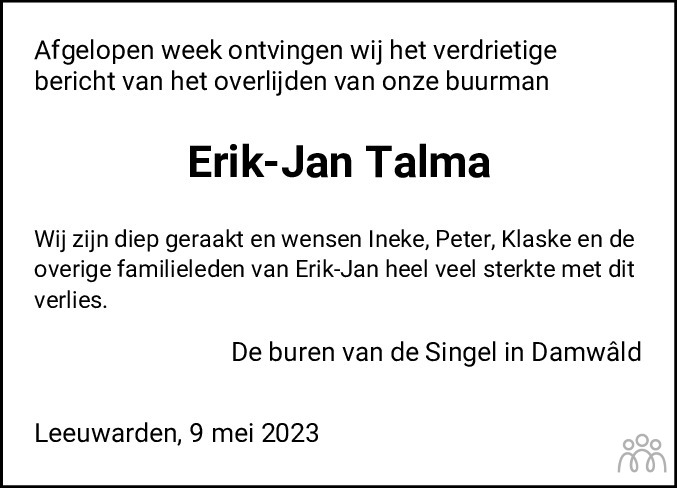 Erik-Jan Talma 09-05-2023 overlijdensbericht en condoleances ...