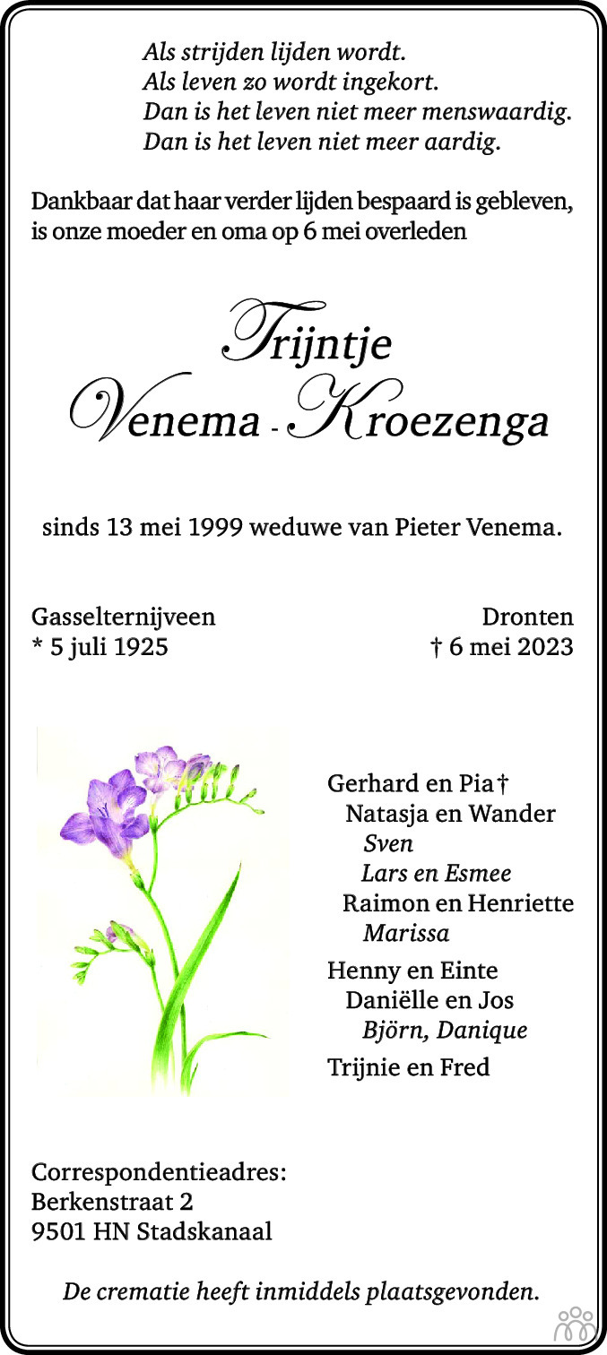Trijntje Venema-Kroezenga 06-05-2023 overlijdensbericht en condoleances ...