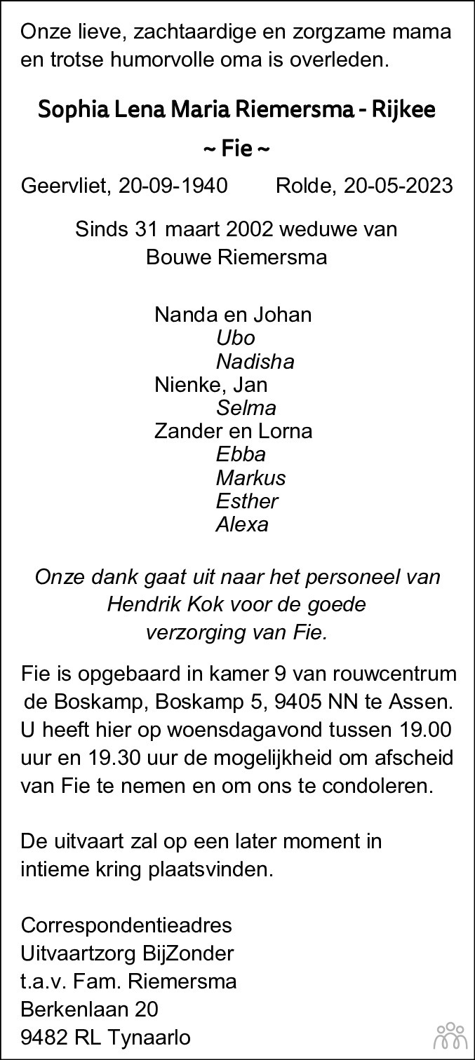 Sophia Lena Maria (Fie) Riemersma-Rijkee 20-05-2023 overlijdensbericht ...