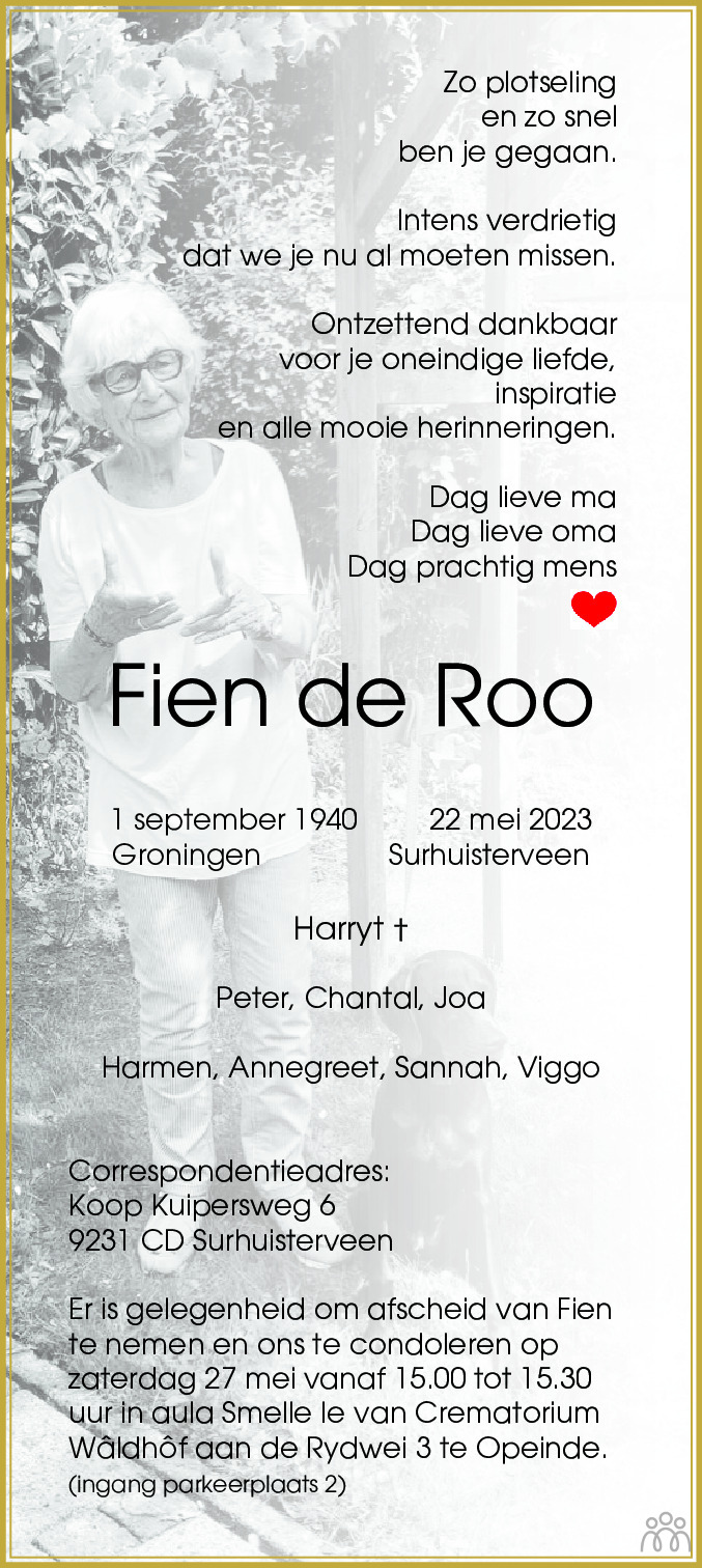 Fien de Roo 22-05-2023 overlijdensbericht en condoleances - Mensenlinq.nl