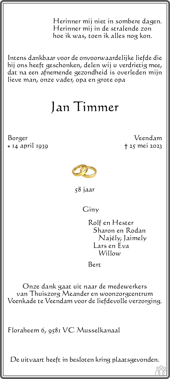 Jan Timmer 25-05-2023 overlijdensbericht en condoleances - Mensenlinq.nl