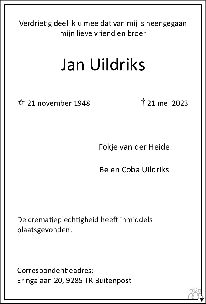 Jan Uildriks 21-05-2023 overlijdensbericht en condoleances - Mensenlinq.nl
