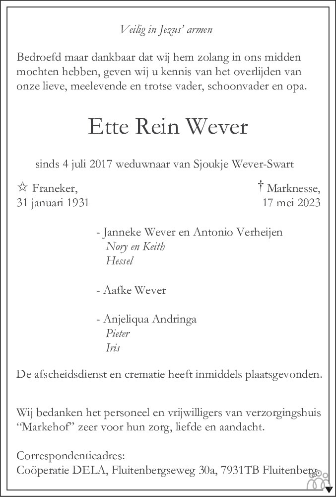 Ette Rein Wever 17-05-2023 overlijdensbericht en condoleances ...
