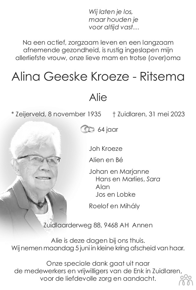 Alina Geeske (Alie) Kroeze-Ritsema 31-05-2023 overlijdensbericht en ...