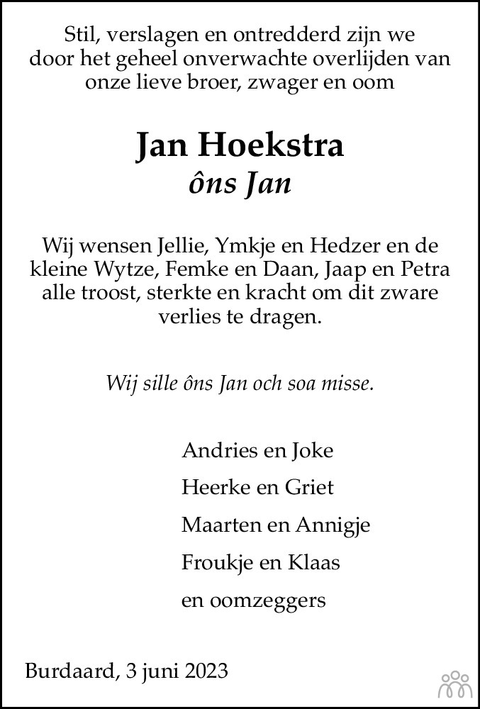 Jan Hoekstra 03-06-2023 overlijdensbericht en condoleances - Mensenlinq.nl