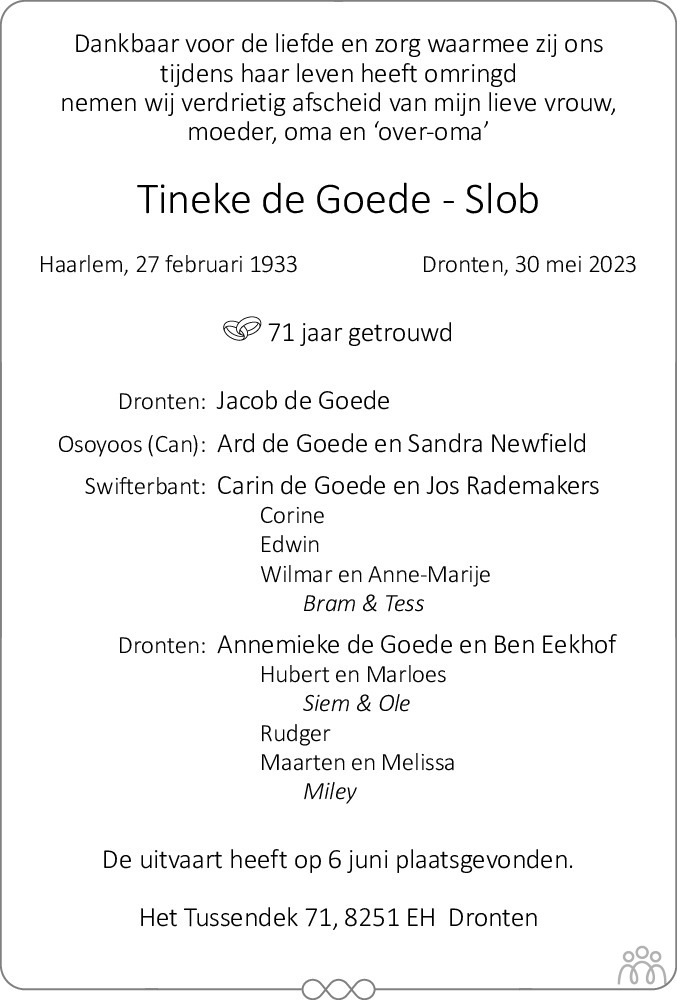 Tineke de Goede-Slob 30-05-2023 overlijdensbericht en condoleances ...