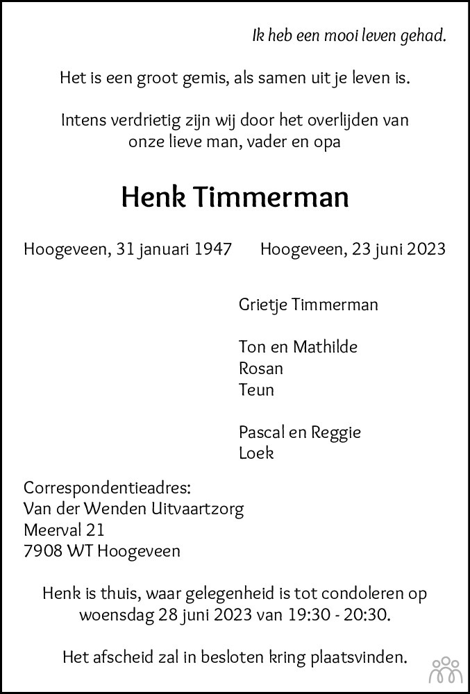 Henk Timmerman 23-06-2023 overlijdensbericht en condoleances ...