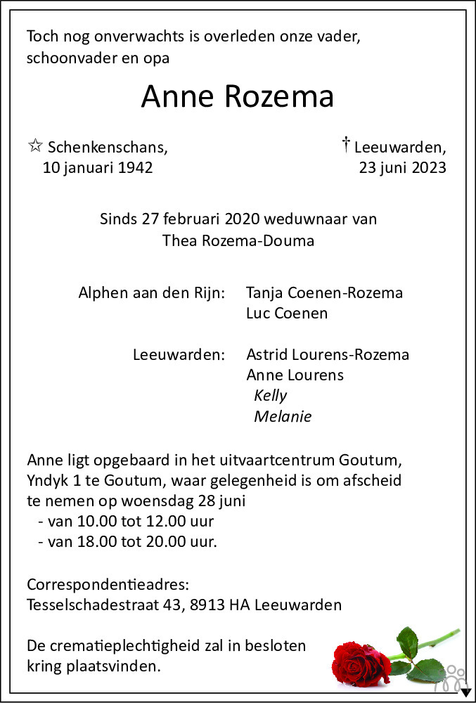 Anne Rozema 23-06-2023 overlijdensbericht en condoleances - Mensenlinq.nl