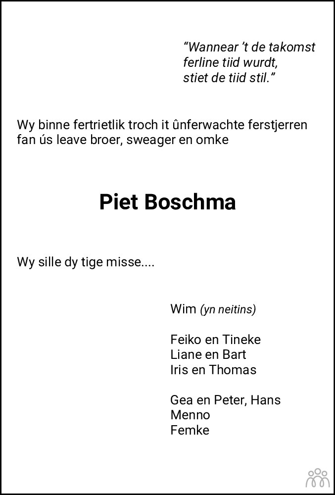 Pieter Boschma 25-06-2023 overlijdensbericht en condoleances ...