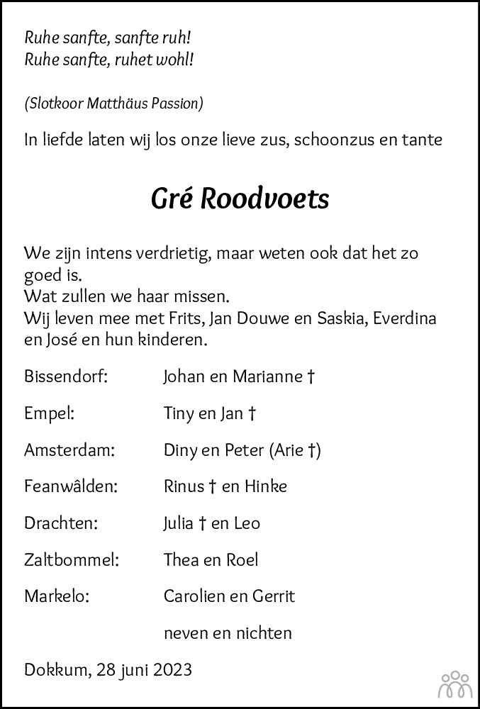 Margaretha Hendrika Roodvoets 28-06-2023 overlijdensbericht en ...