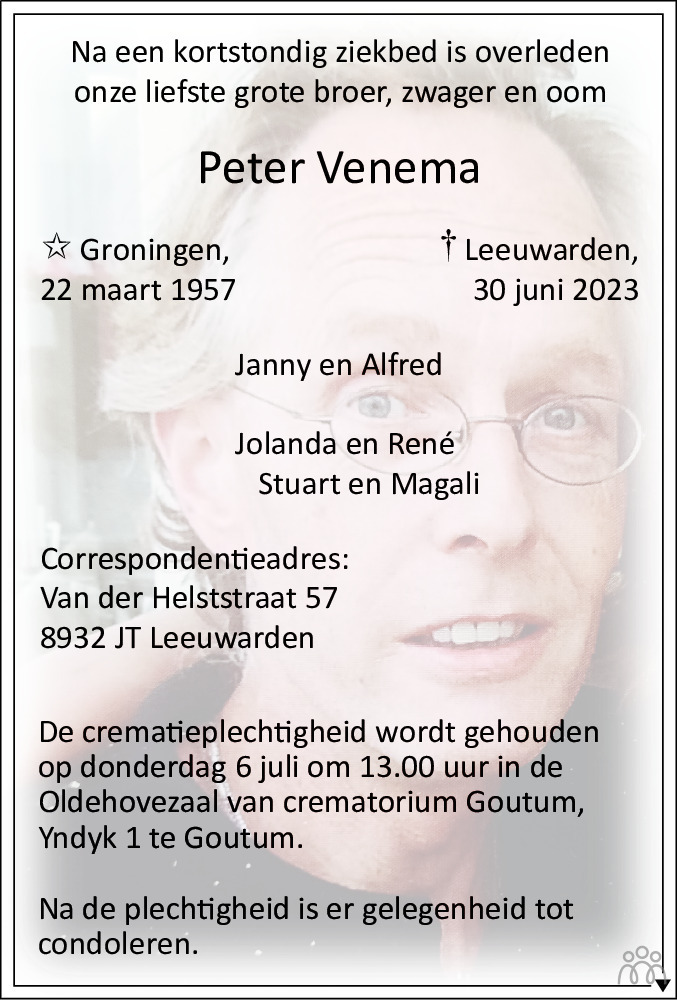 Peter Venema 30-06-2023 overlijdensbericht en condoleances - Mensenlinq.nl