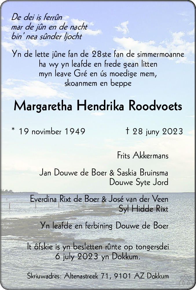 Margaretha Hendrika Roodvoets 28-06-2023 overlijdensbericht en ...