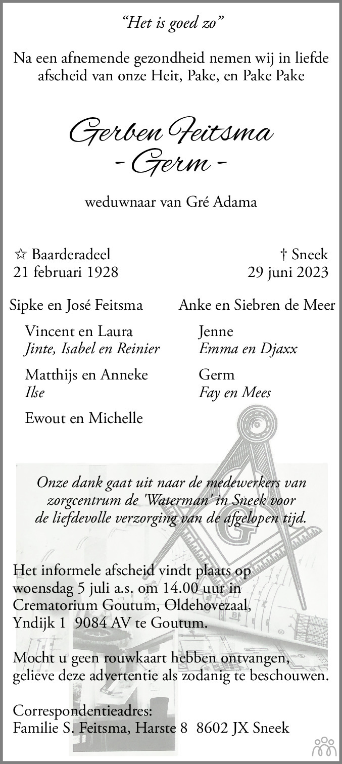 Gerben (Germ) Feitsma 29-06-2023 overlijdensbericht en condoleances ...