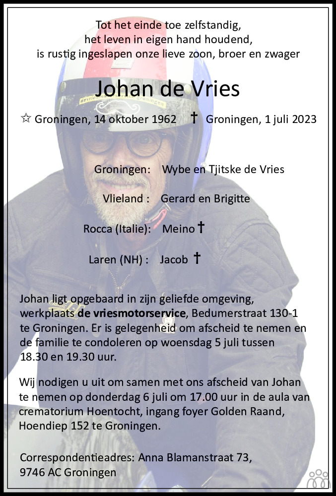 Johan de Vries 01-07-2023 overlijdensbericht en condoleances - Mensenlinq.nl