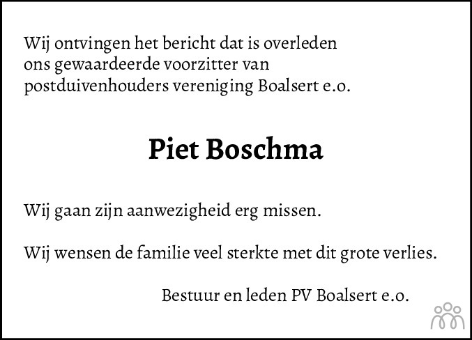 Pieter Boschma 25-06-2023 overlijdensbericht en condoleances ...