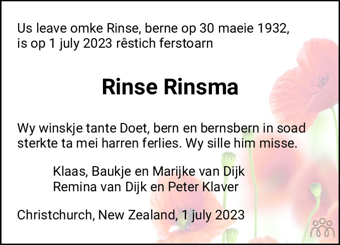 Rinse Rinsma 01-07-2023 overlijdensbericht en condoleances - Mensenlinq.nl