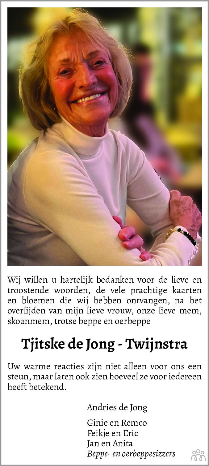 Tjitske de Jong-Twijnstra 25-06-2023 overlijdensbericht en condoleances - Mensenlinq.nl