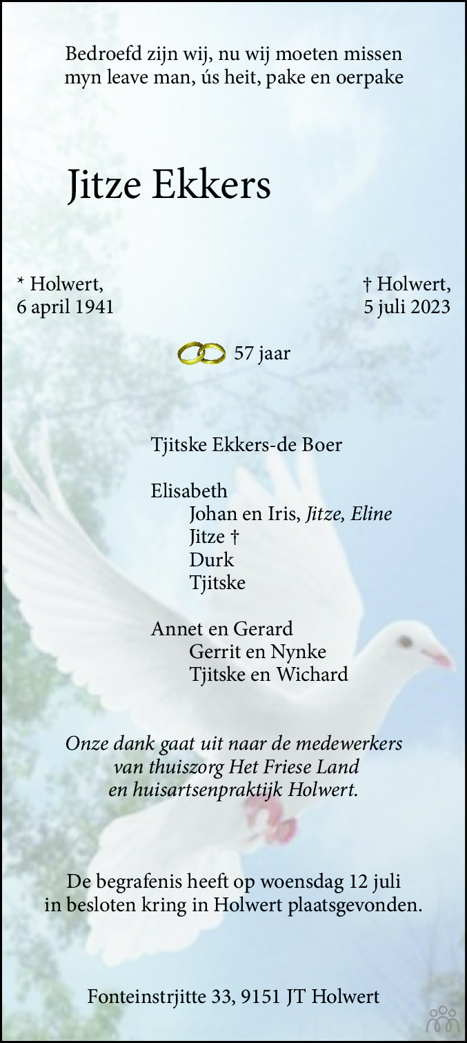 Jitze Ekkers 05-07-2023 overlijdensbericht en condoleances - Mensenlinq.nl