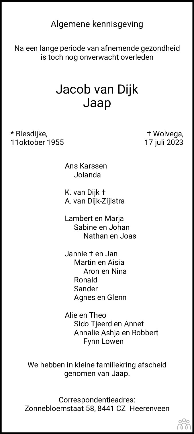 Jacob (Jaap) van Dijk 17-07-2023 overlijdensbericht en condoleances ...