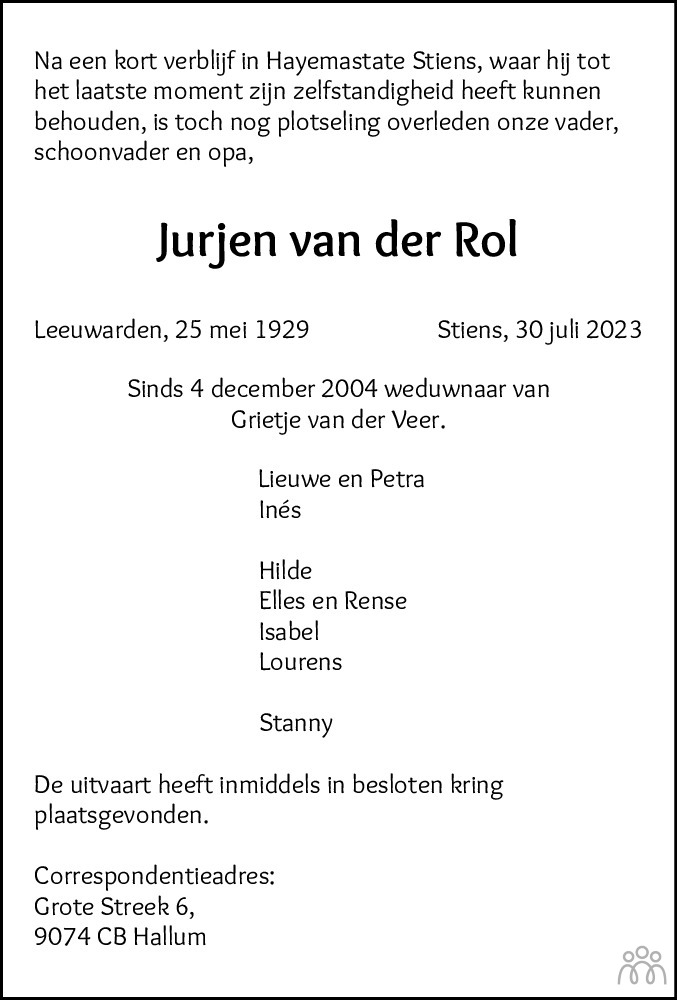 Jurjen van der Rol 30-07-2023 overlijdensbericht en condoleances ...