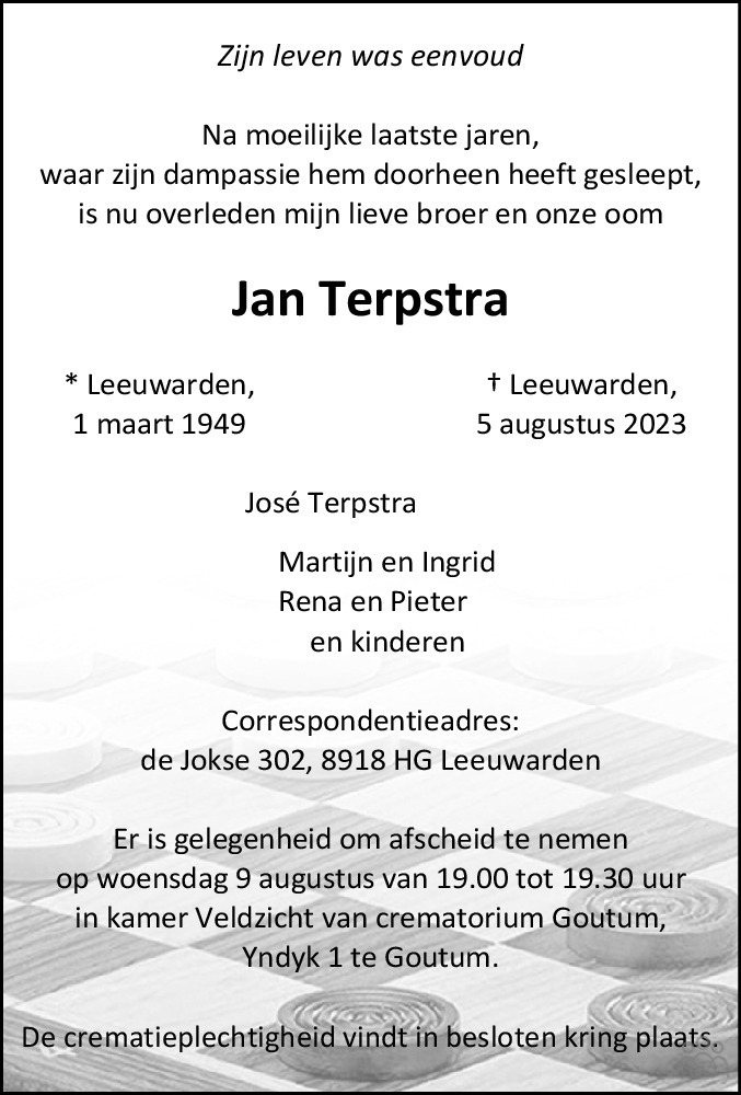 Jan Terpstra 05-08-2023 overlijdensbericht en condoleances - Mensenlinq.nl