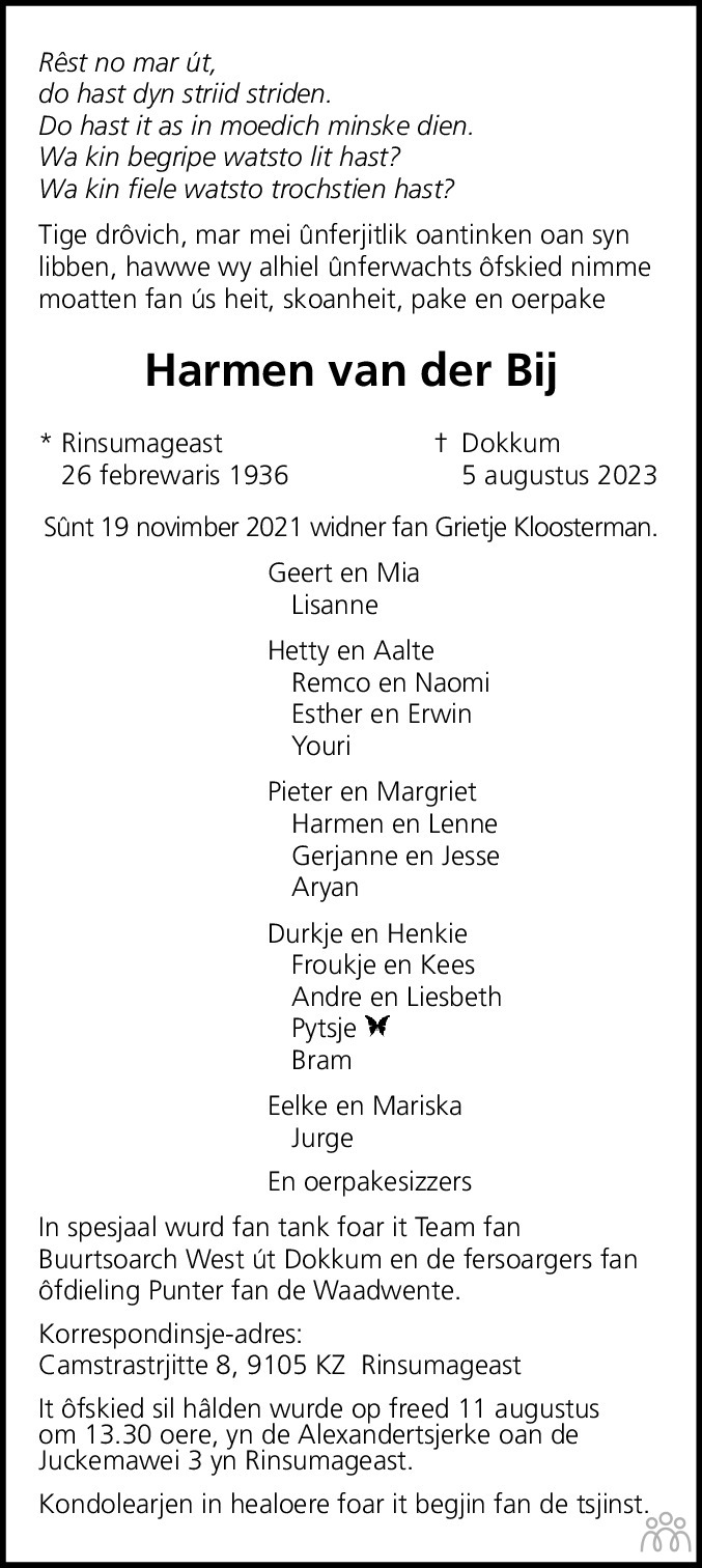 Harmen van der Bij 05-08-2023 overlijdensbericht en condoleances ... Harmen van der Bij 05-08-2023 overlijdensbericht en condoleances ...