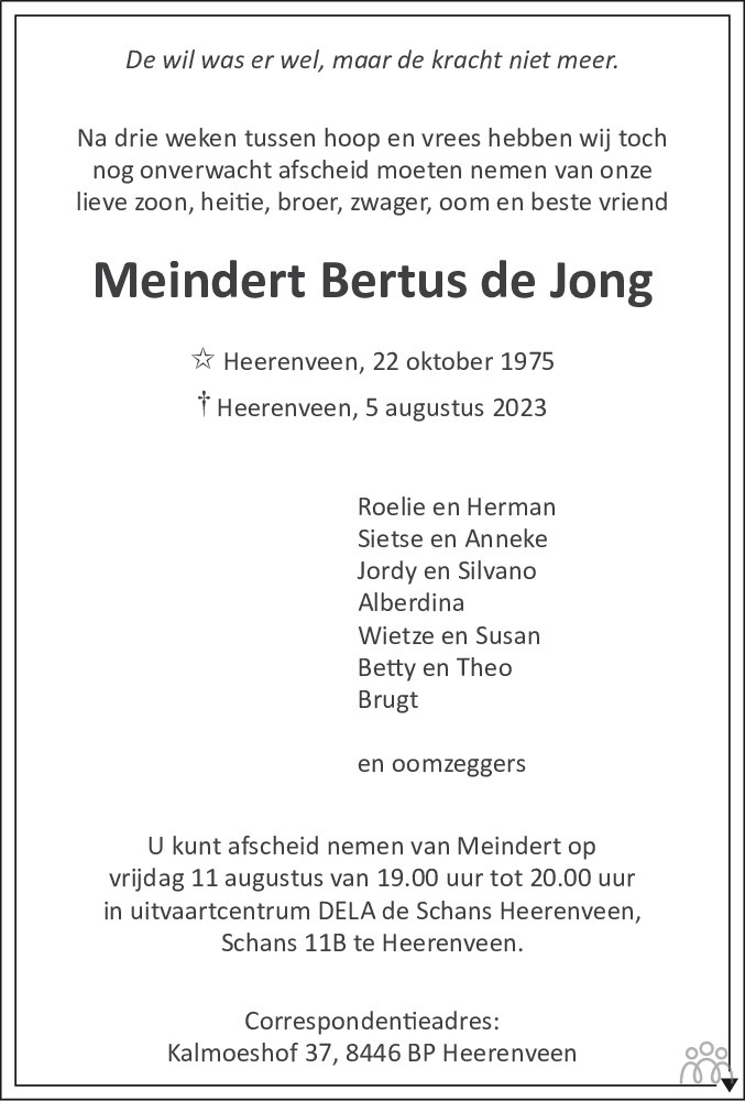 Meindert Bertus de Jong 05-08-2023 overlijdensbericht en condoleances ...