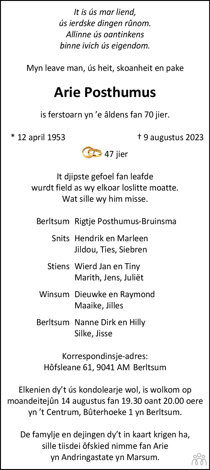 Arie Posthumus 09-08-2023 overlijdensbericht en condoleances ...