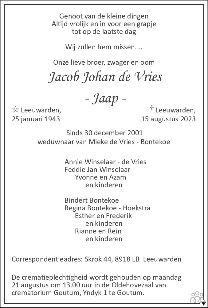Jacob Johan (Jaap) de Vries 15-08-2023 overlijdensbericht en ...