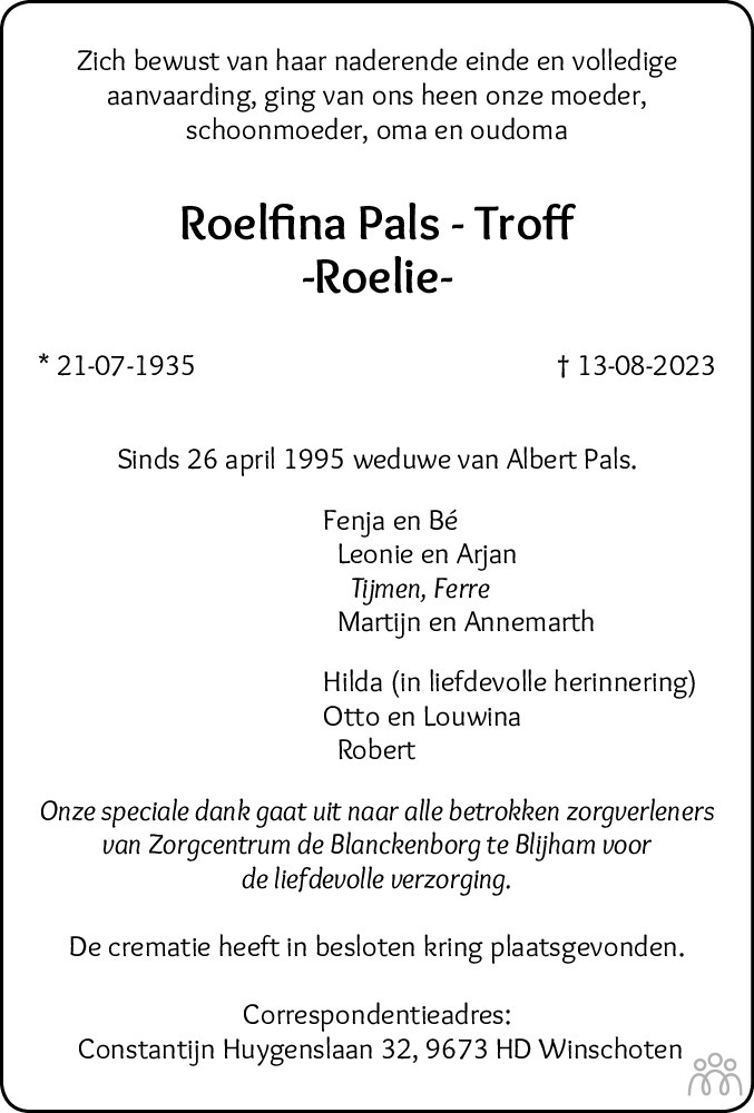 Roelfina (Roelie) Pals-Troff 13-08-2023 overlijdensbericht en ...