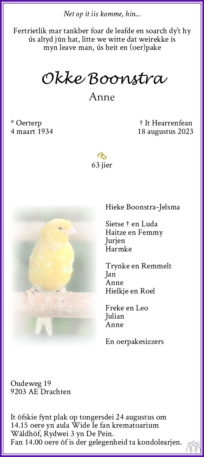 Okke (Anne) Boonstra 18-08-2023 overlijdensbericht en condoleances ...