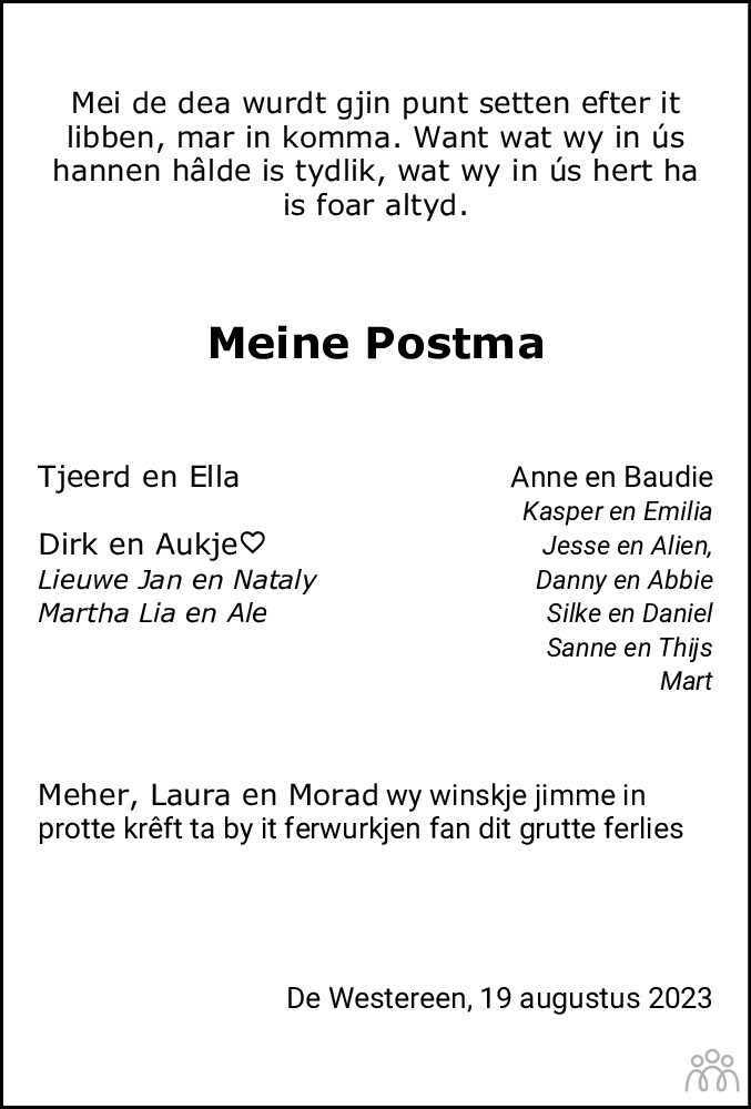 Meine Postma 19-08-2023 overlijdensbericht en condoleances - Mensenlinq.nl