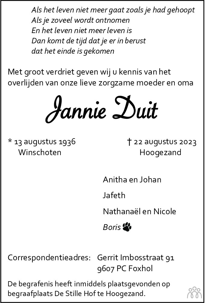 Jannie Duit 22-08-2023 overlijdensbericht en condoleances - Mensenlinq.nl